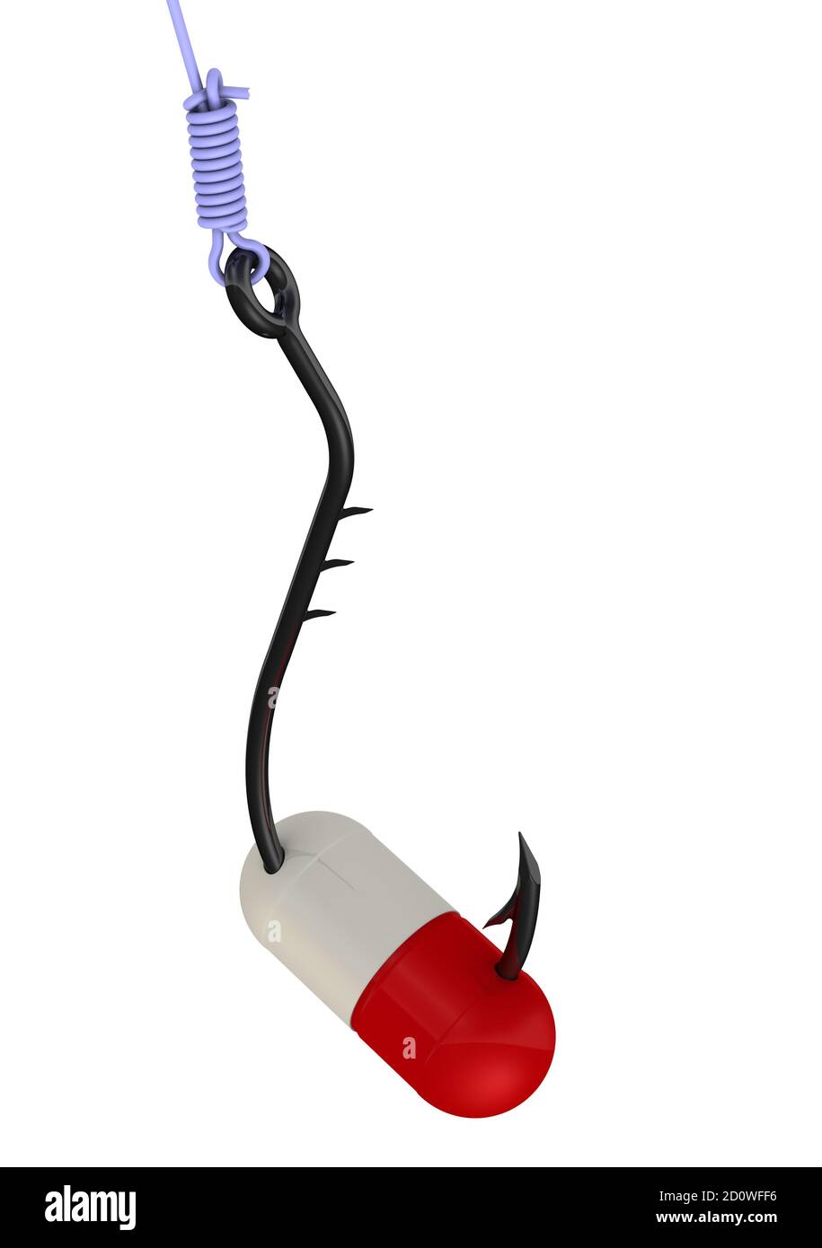 Drug addiction. Capsule is strung on a fishing hook. 3D illustration ...