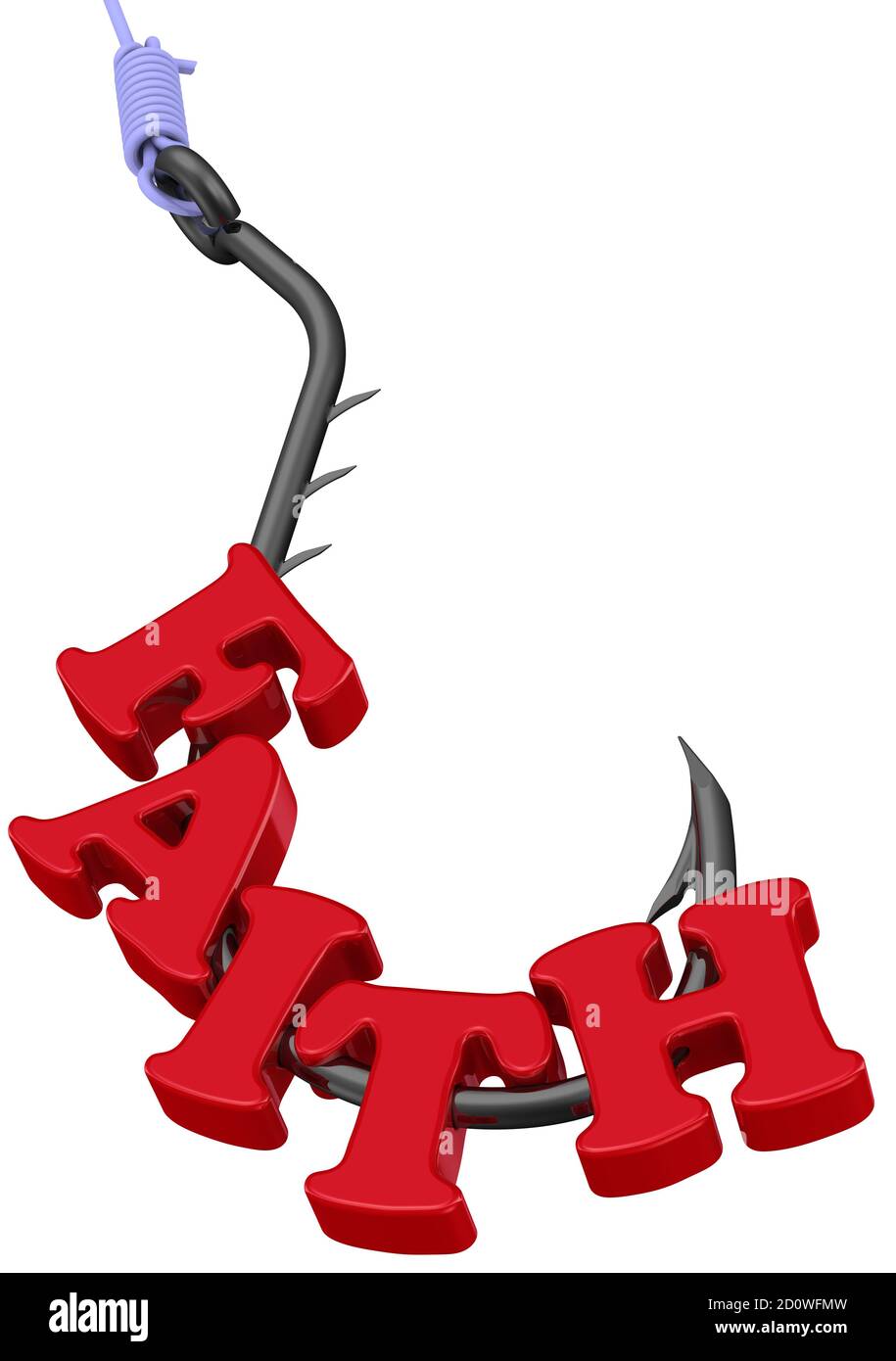 Dangerous faith. The red word FAITH strung on a fishing hook. On the ...
