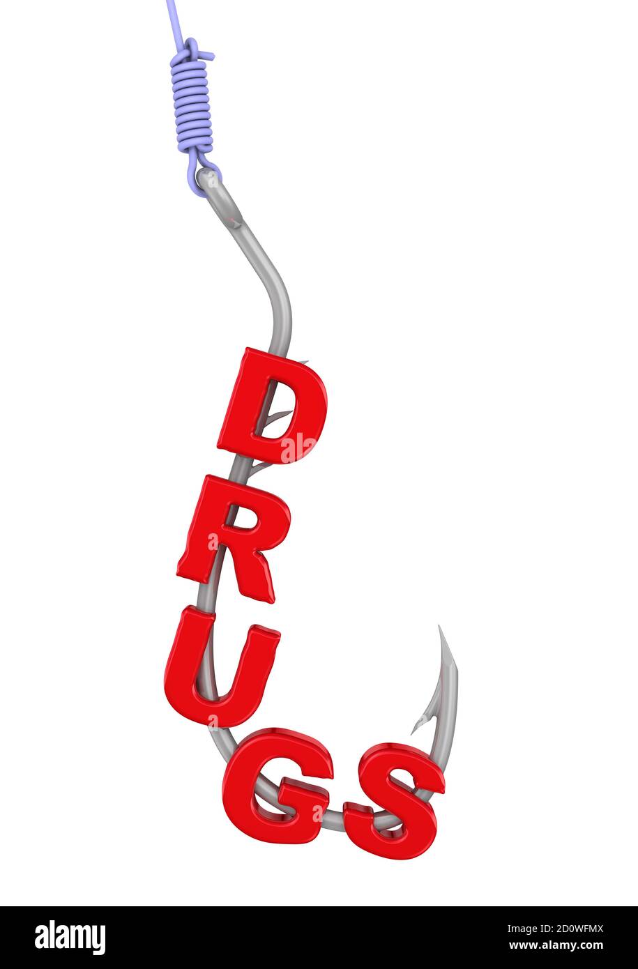 Drug addiction. The concept. Red word DRUGS strung on a fishing hook ...