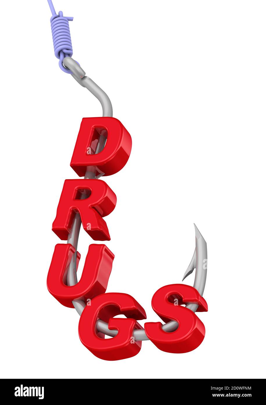 Drug addiction. The concept. Red word DRUGS strung on a fishing hook ...