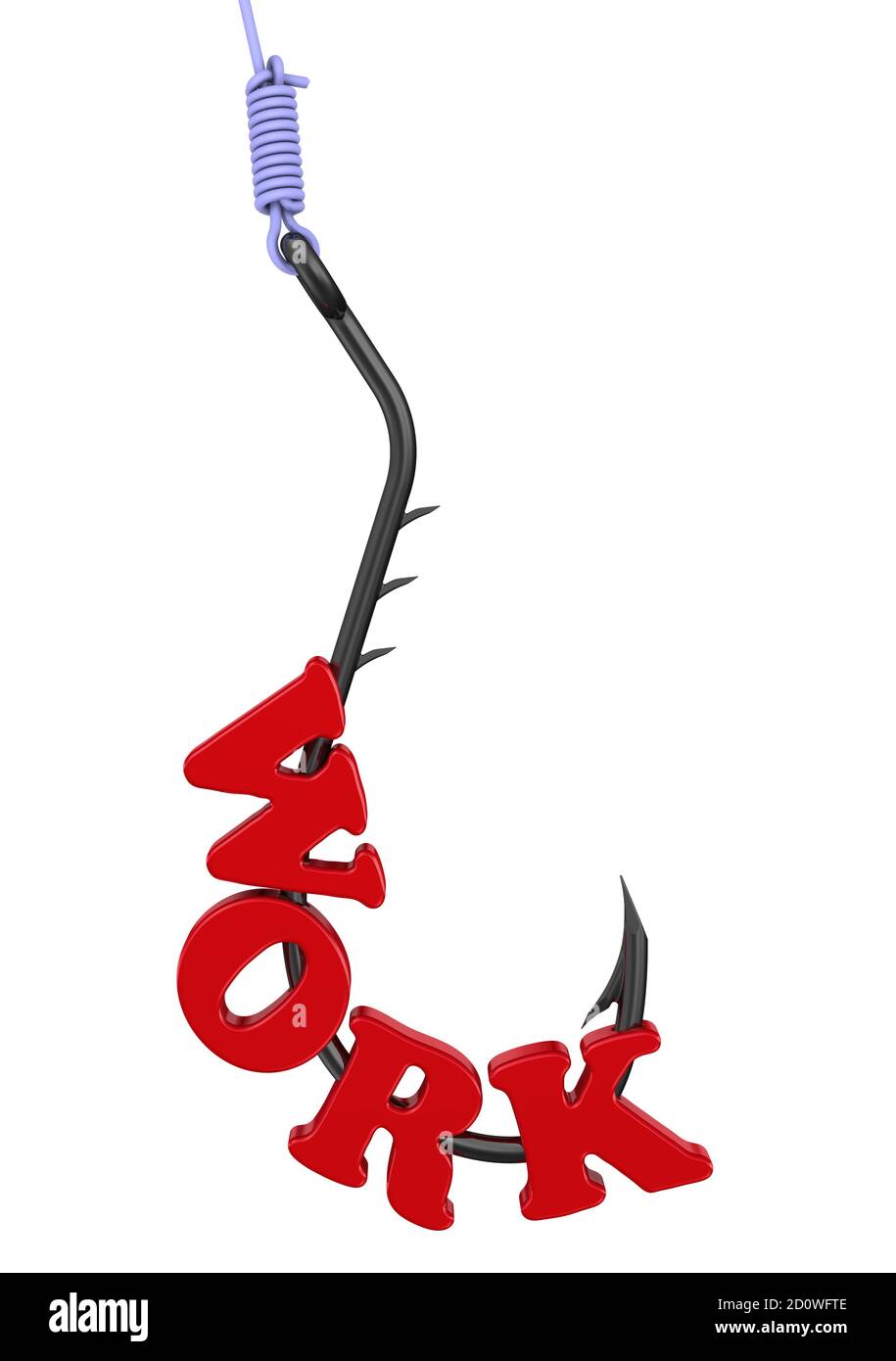 On the hook of work. The concept. Red word WORK strung on a fishing ...
