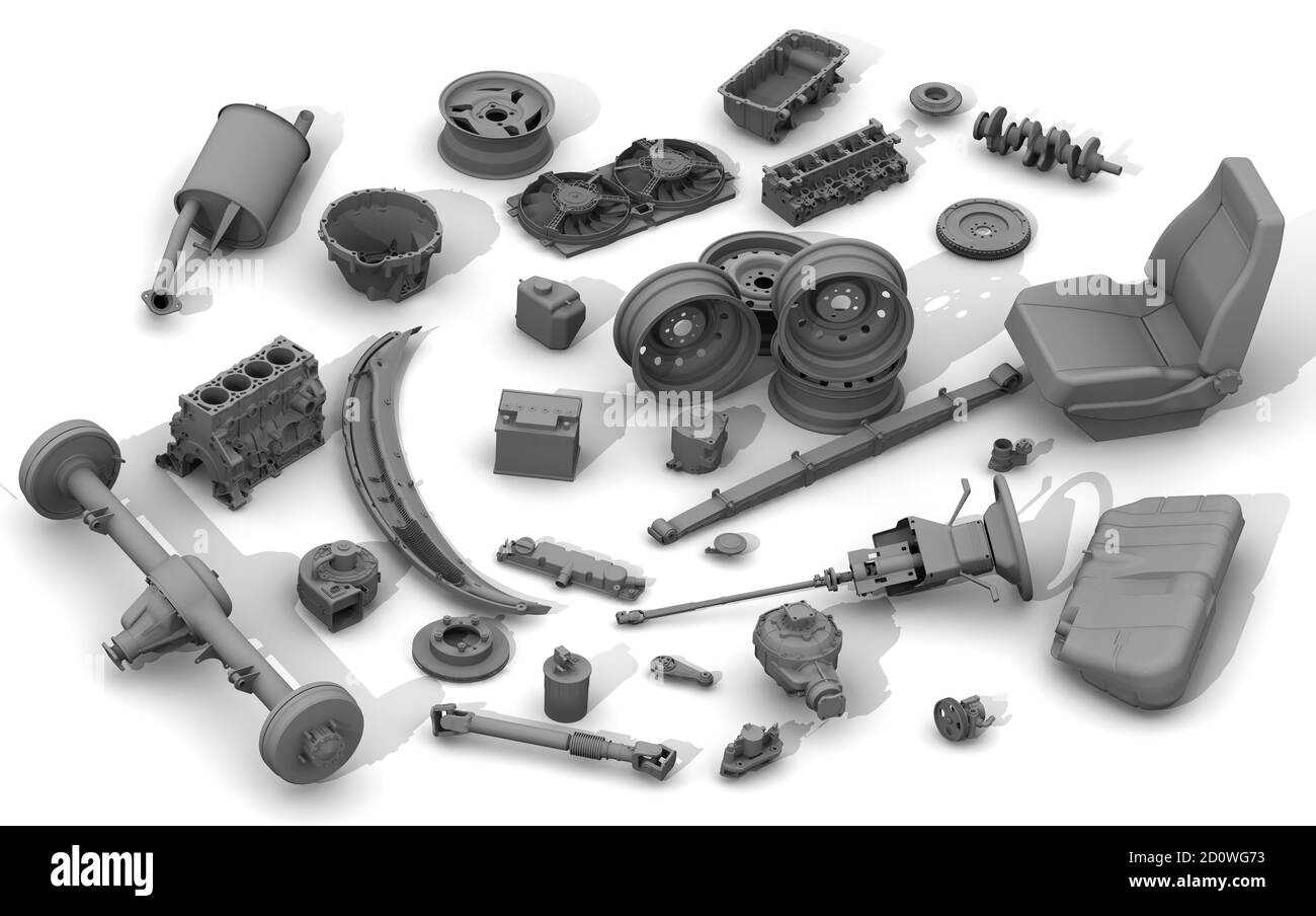 Parts of the car lying on a white surface. Isolated. 3D Illustration ...