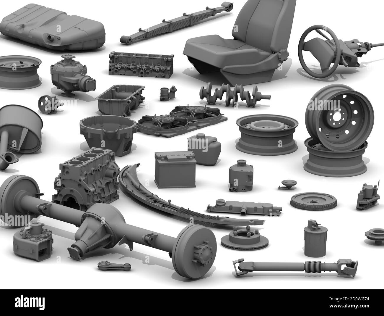 Details of the car. Various parts of the car lying on a white surface ...