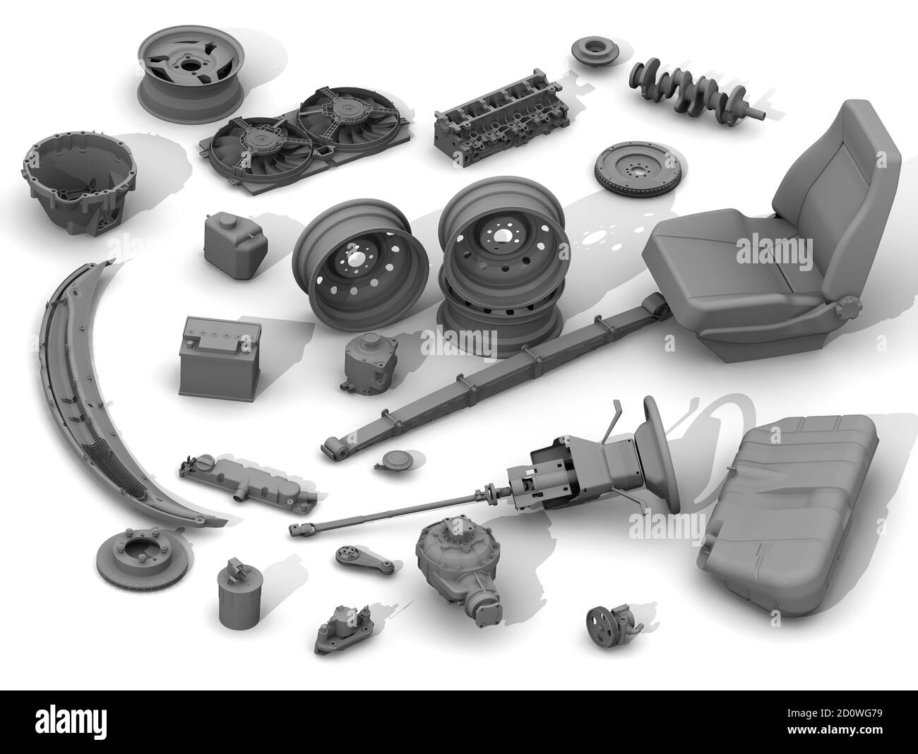 Details of the car. Various parts of the car lying on a white surface ...