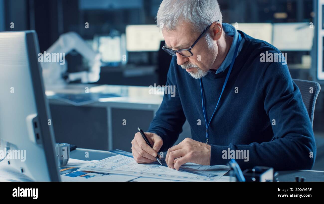 Professional Heavy Industry Engineer Draws Engine Concept Blueprint ...