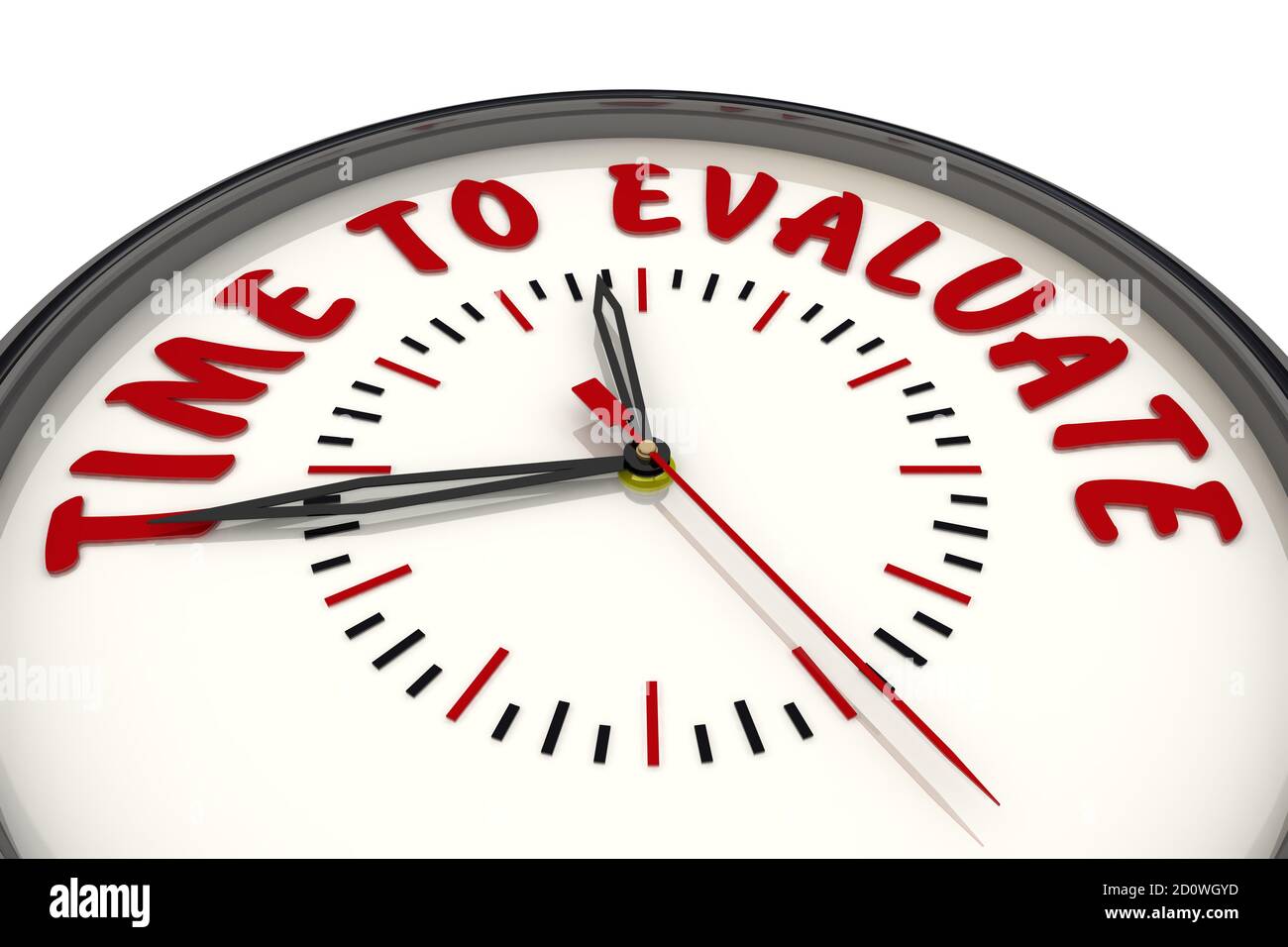 Time to evaluate. Clock with text. Analog Clock with red text TIME TO ...