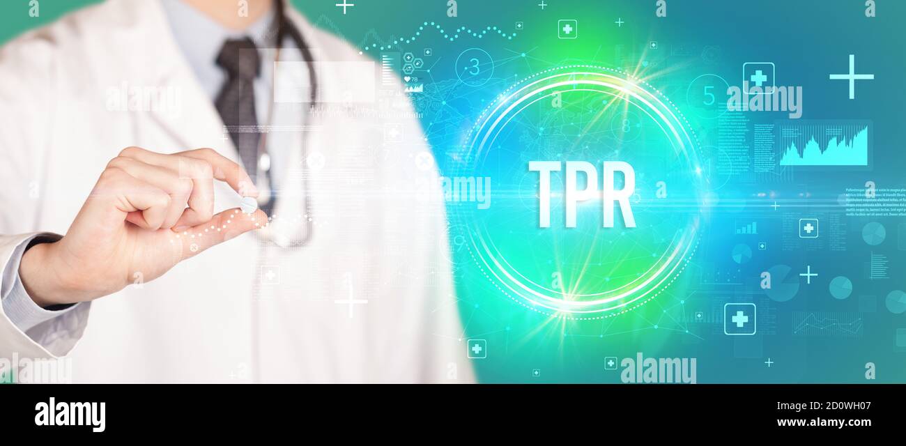 Close-up of a doctor giving you a pill with TPR abbreviation, virology ...