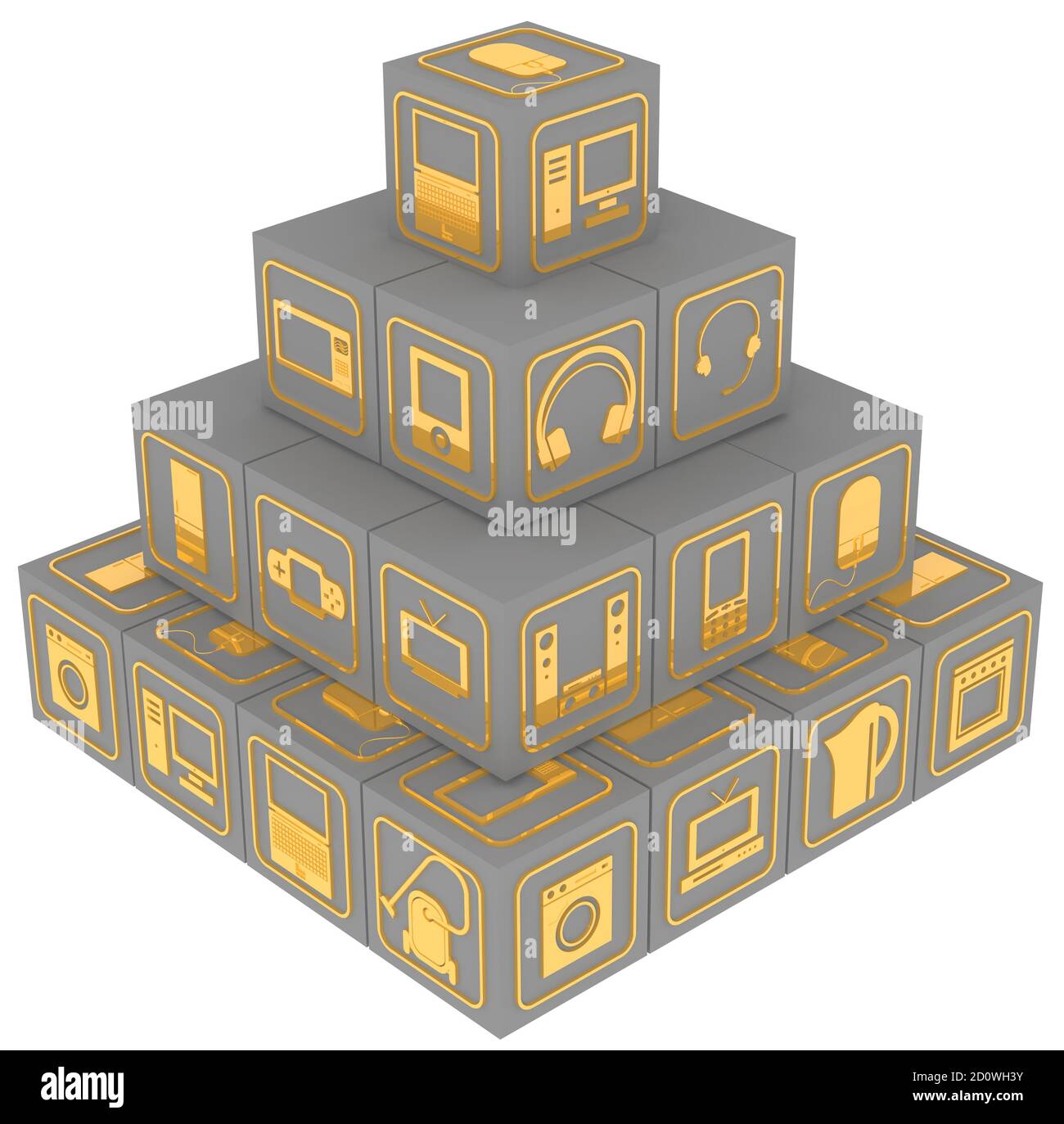 Cubes with symbols of household electronic equipment. Cubes stacked ...