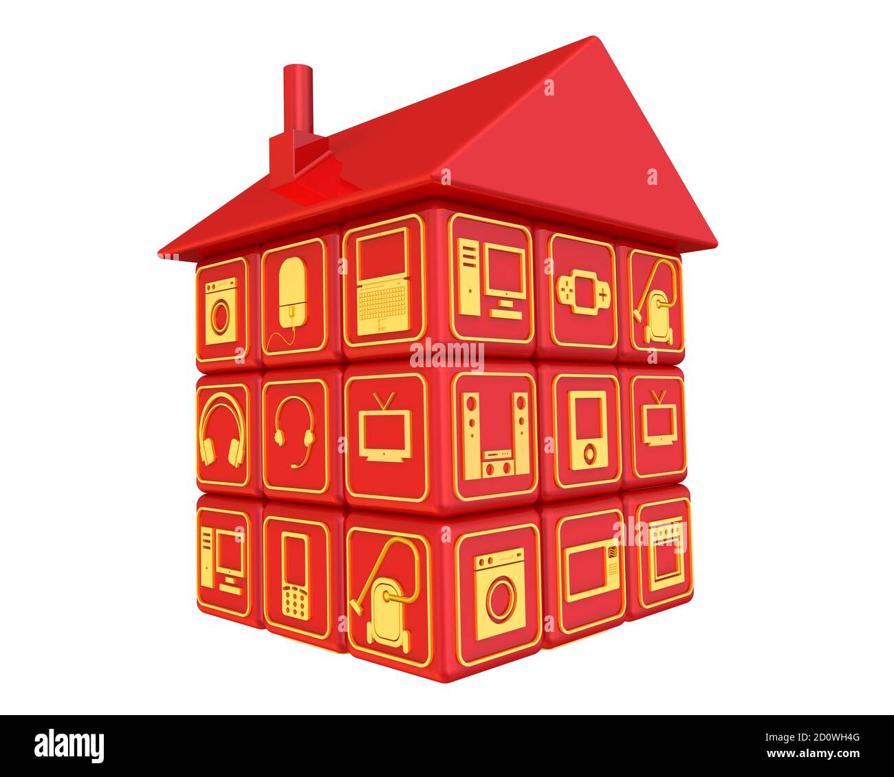 House from red cubes with symbols of household appliances. The symbolic ...