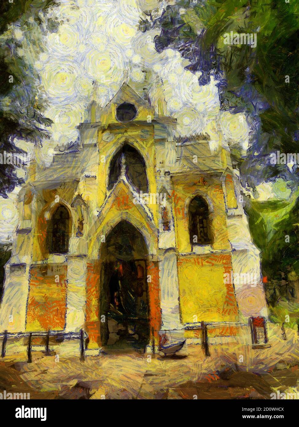 The yellow church in gothic style Illustrations creates an ...