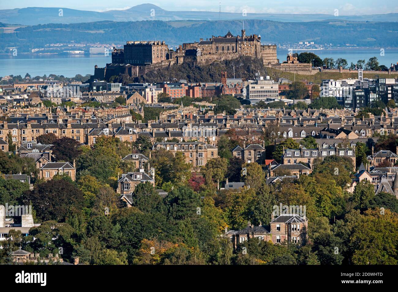 Edinburgh, the Castle and Fife beyond as viewed from Blackford Hill ...