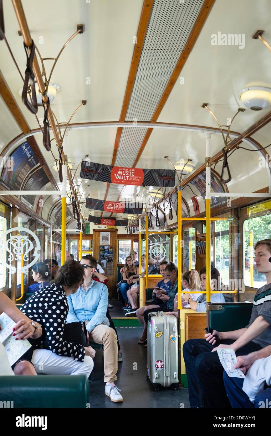 Interior with passengers of a W class tram in City Circle service Stock ...