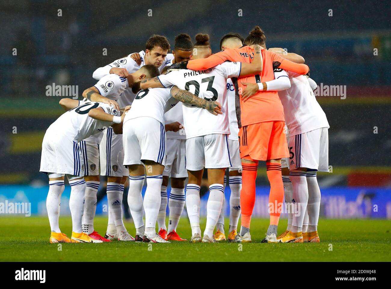 Leeds United players during a huddle prior to kick-off of the Premier ...