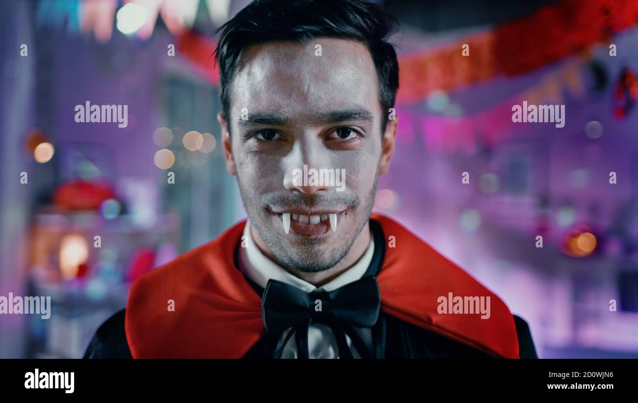 Halloween Costume Party: Portrait of Count Dracula Smiling Creepily, Shows His Deadly Bloody ...