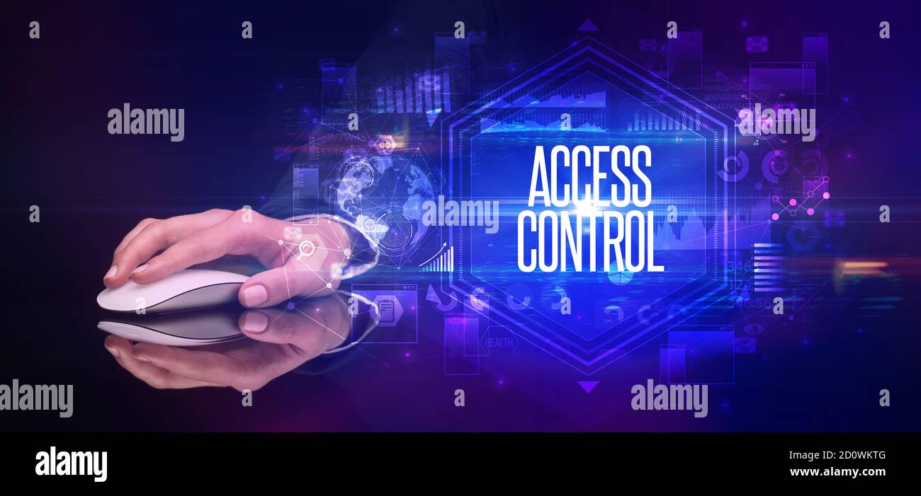 hand holding wireless peripheral with ACCESS CONTROL inscription, cyber ...