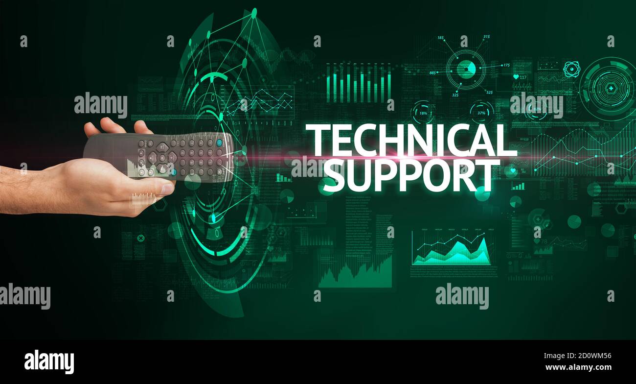 hand holding wireless peripheral with TECHNICAL SUPPORT inscription ...