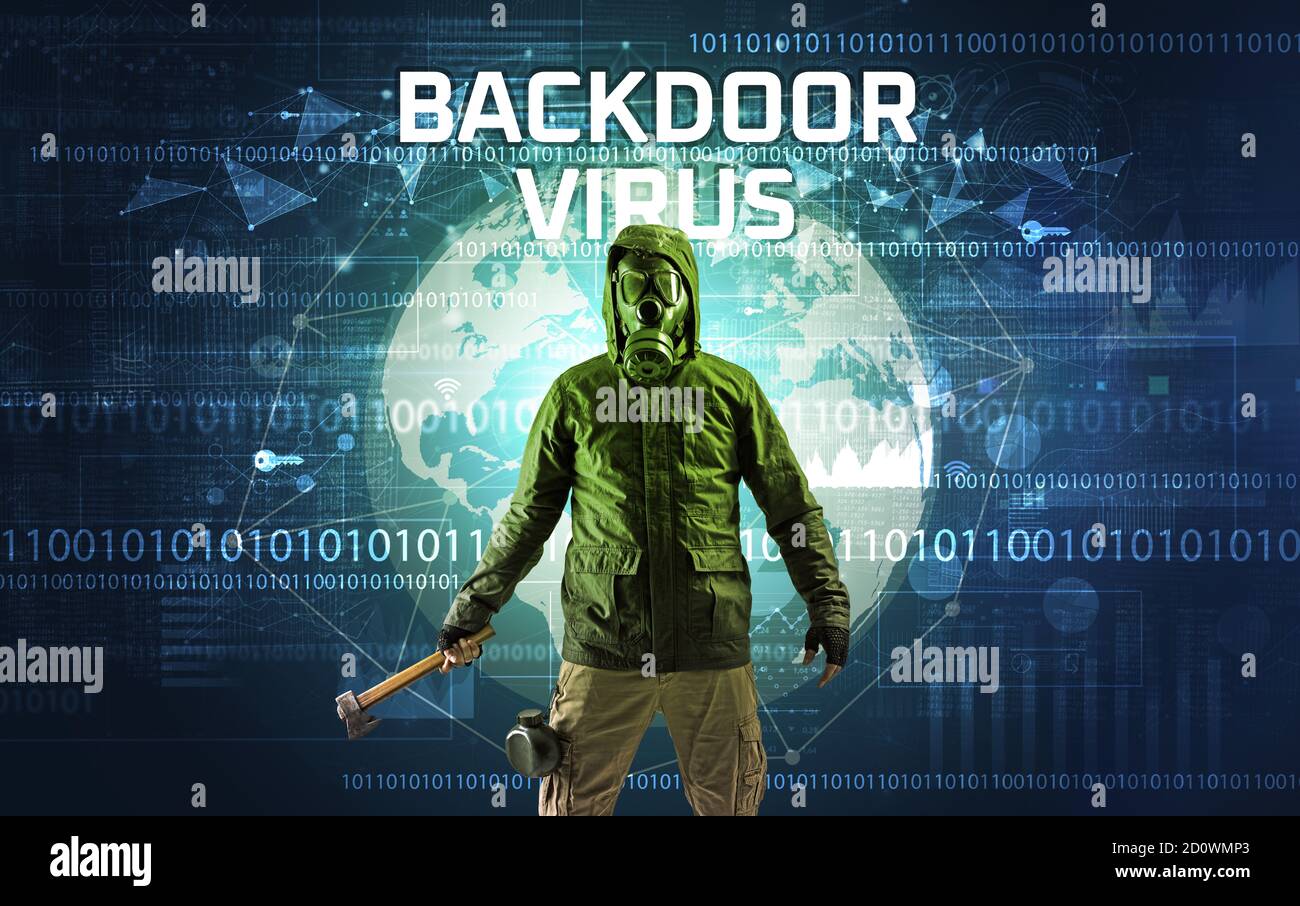 Faceless hacker at work with BACKDOOR VIRUS inscription, Computer ...