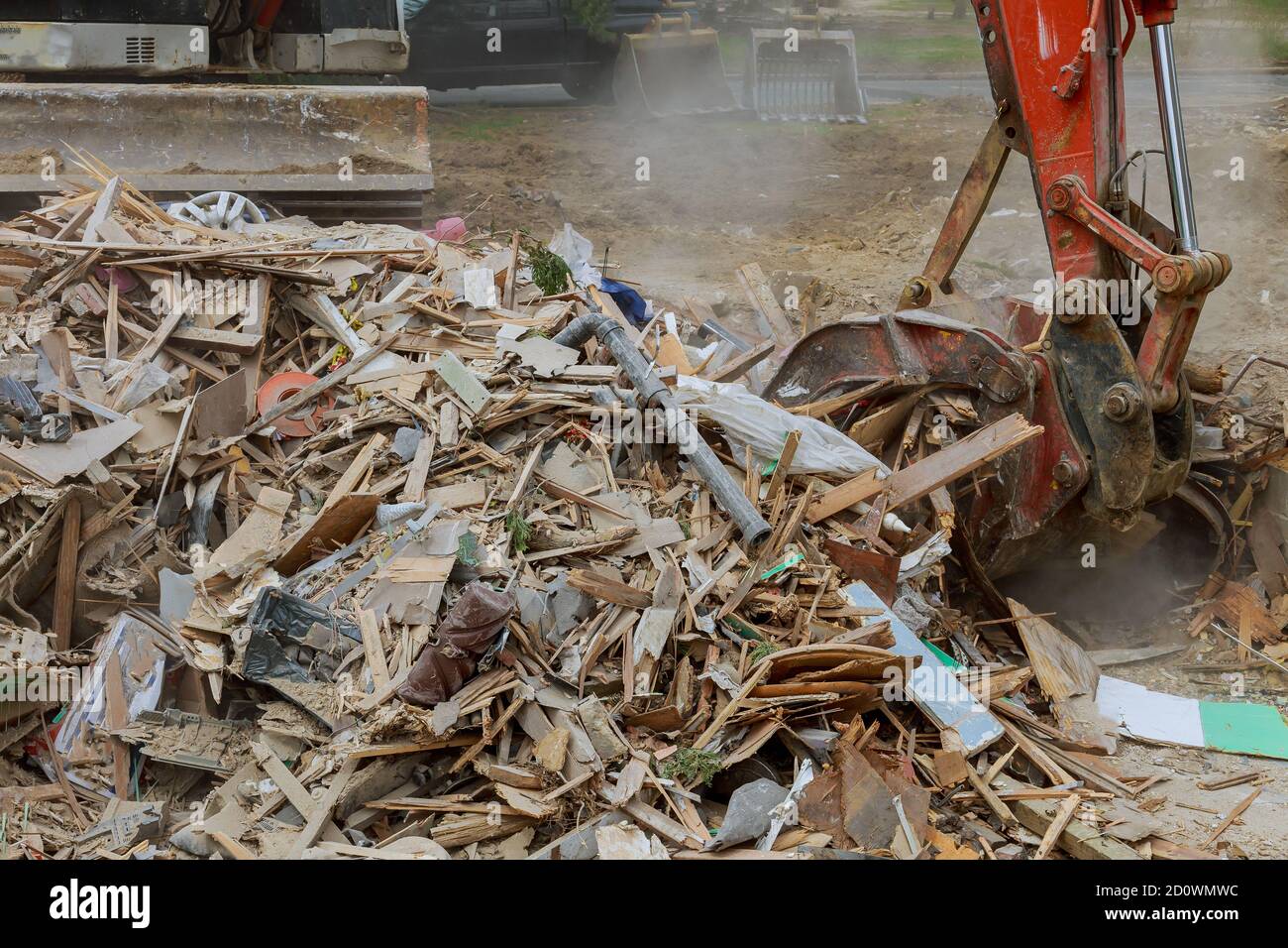 Demolition work ruined residential excavator with hydraulic crusher ...