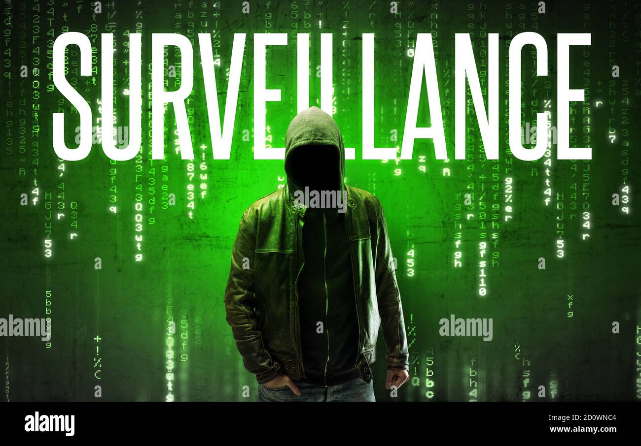 Faceless hacker with SURVEILLANCE inscription, hacking concept Stock ...