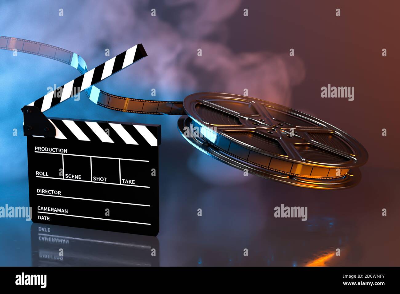 Clapper board and film tape with dark background, 3d rendering ...