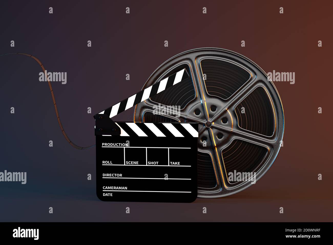 Clapper board and film tape with dark background, 3d rendering ...