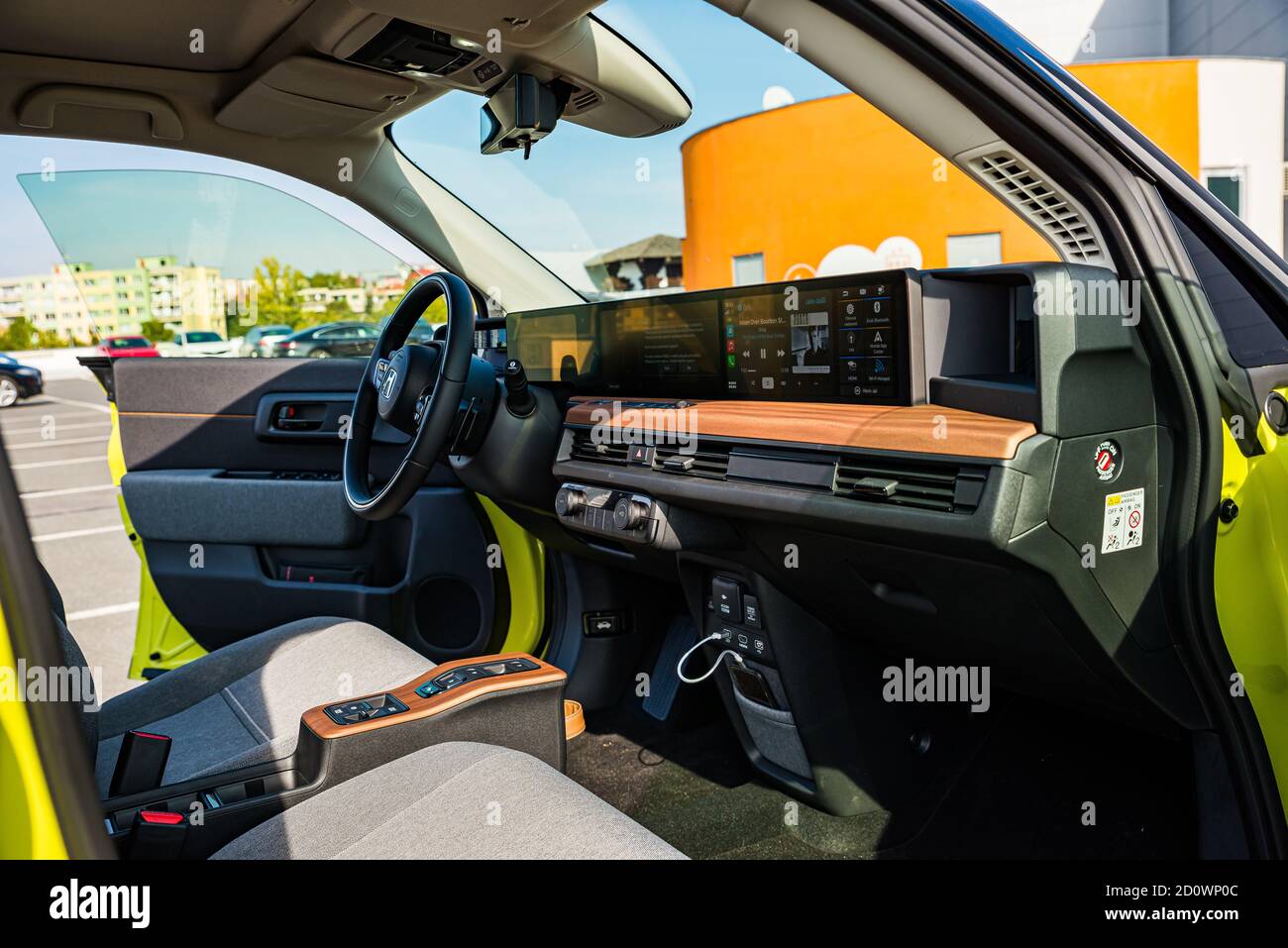 Prague, Czech republic - October 02, 2020. Yellow green electric Honda ...
