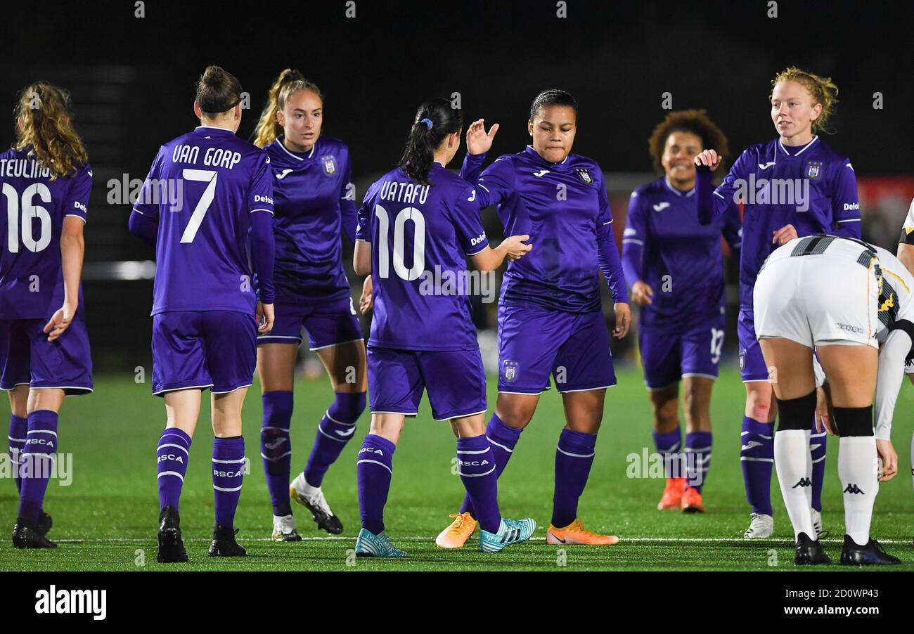 Marcinelle, Belgium. 02nd Oct, 2020. Anderlecht's players celebrate after scoring a goal during ...