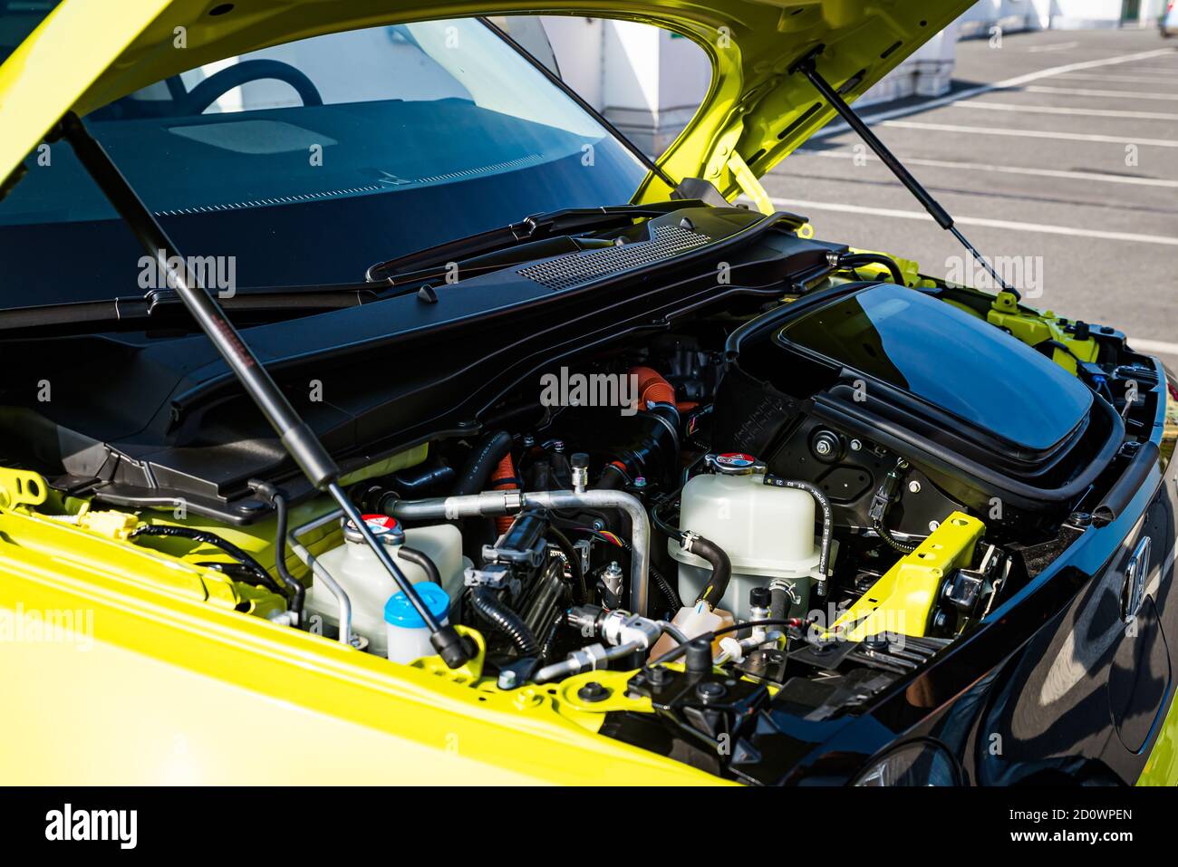 Prague, Czech republic - October 02, 2020. Yellow green electric Honda ...