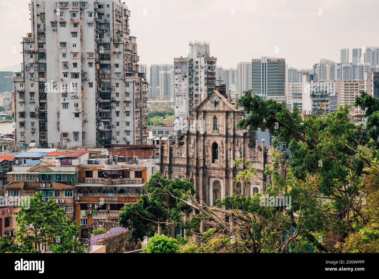 Aerial shot of ruins of St.Paul Church with dramatic sunlight in Macao ...