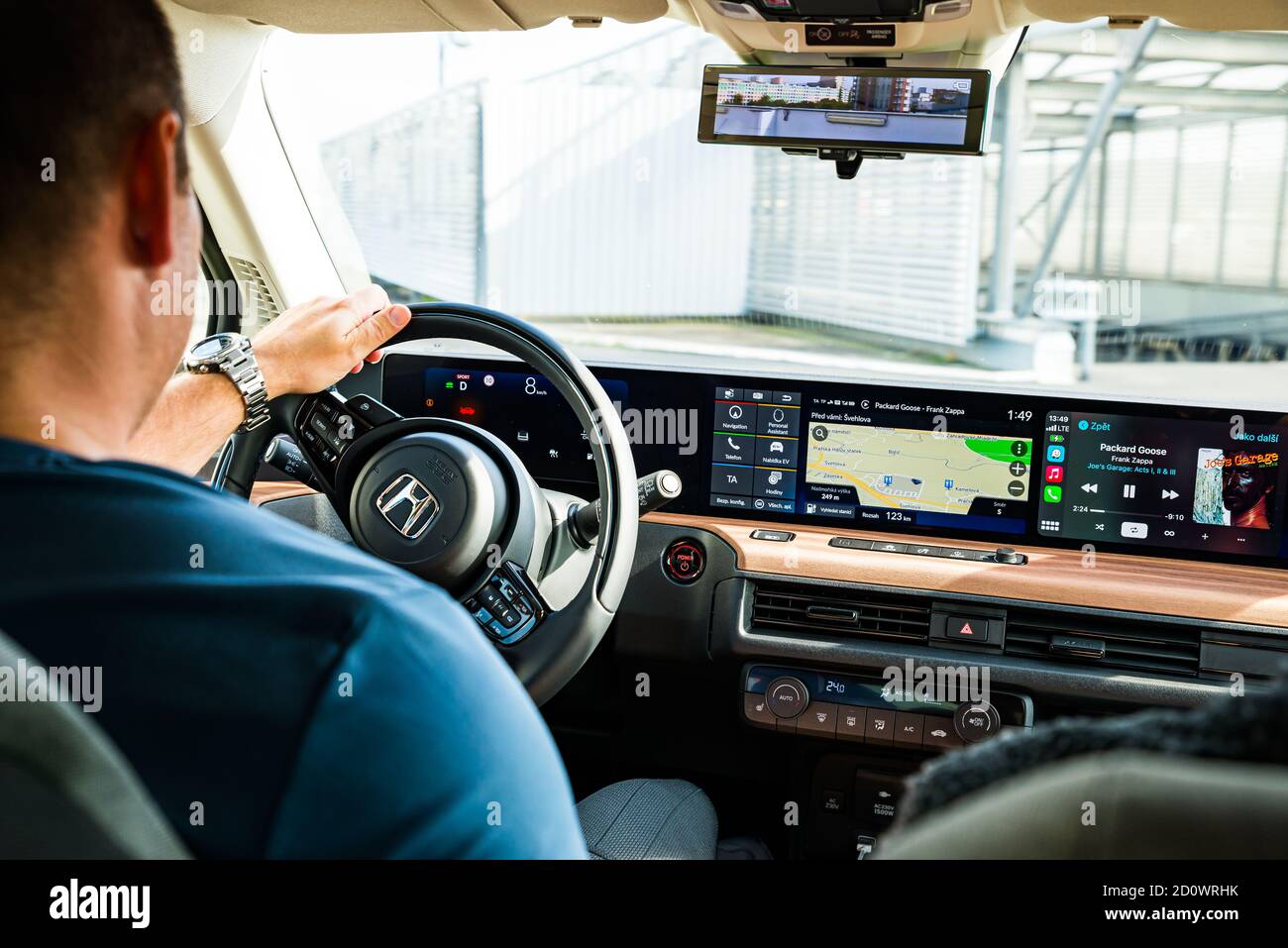 Prague, Czech republic - October 02, 2020. Yellow green electric Honda ...