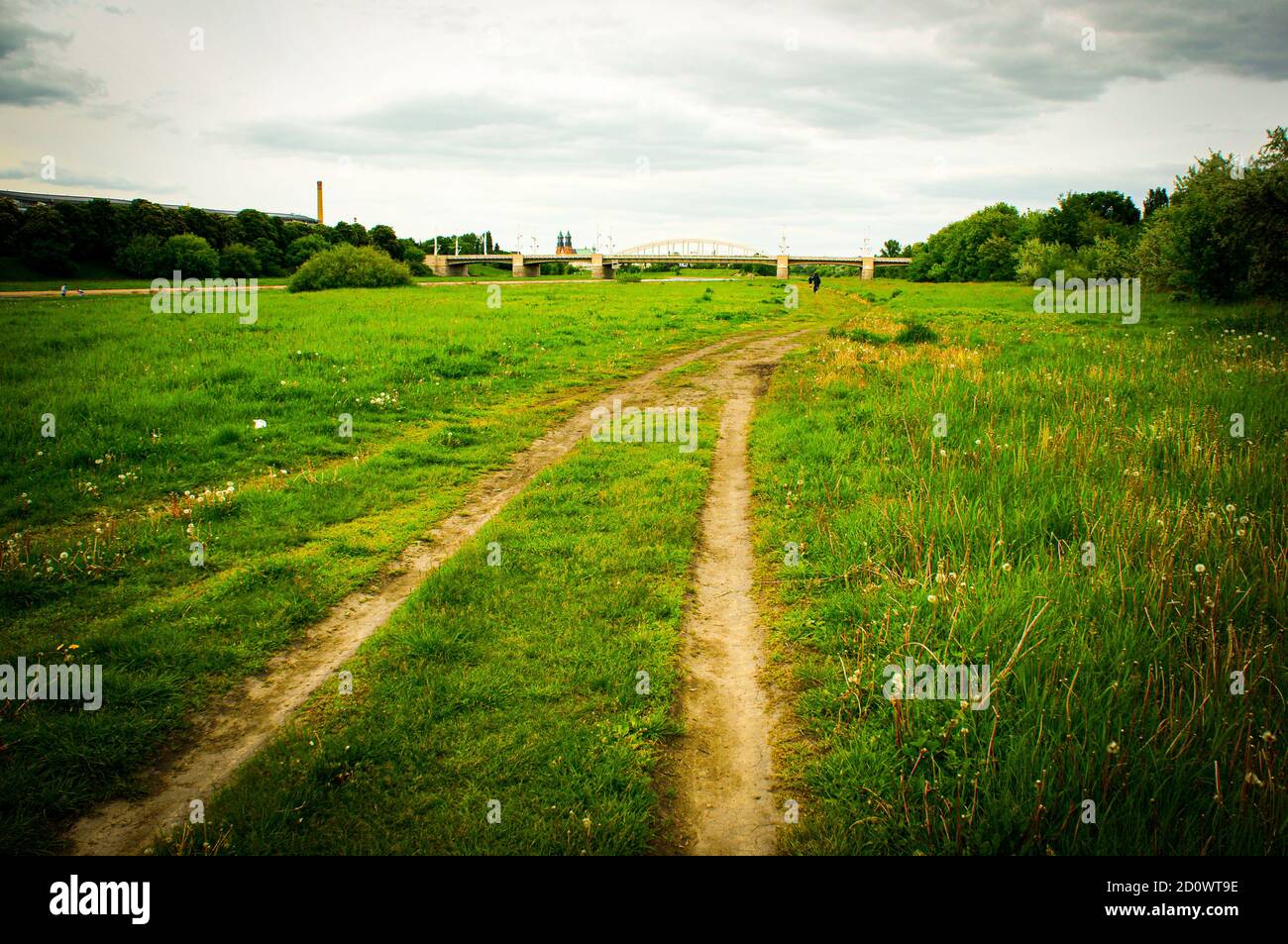 Path going through a field of green grass to a bridge Stock Photo - Alamy