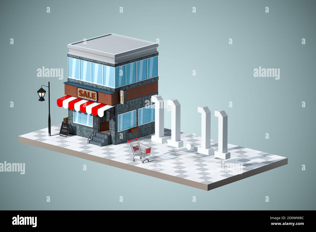 Cartoon store, modern shop building, 3d rendering. Computer digital ...