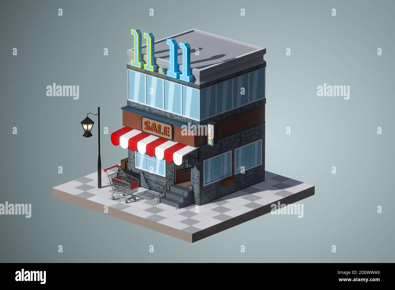 Cartoon store, modern shop building, 3d rendering. Computer digital ...