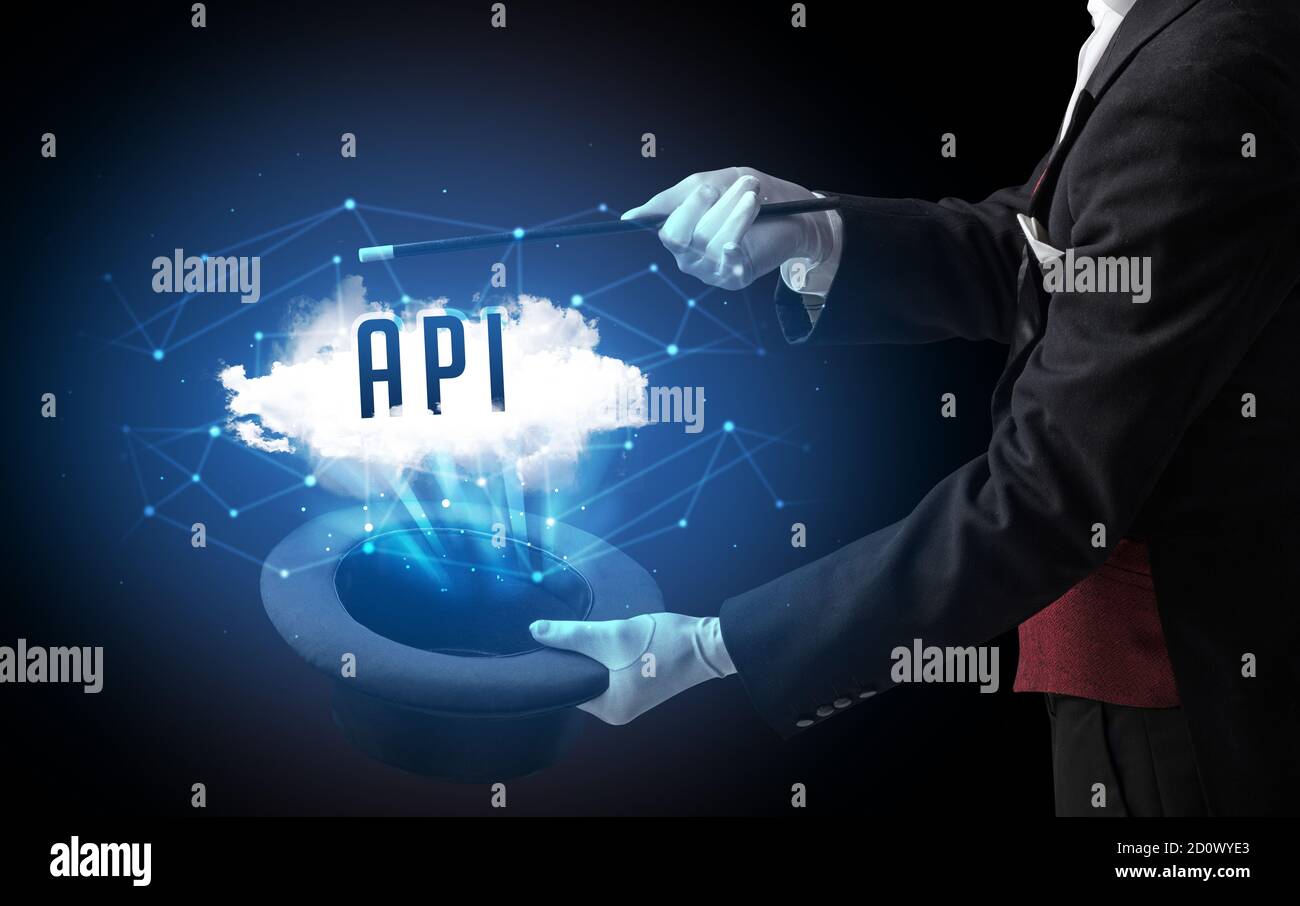 Magician is showing magic trick with API abbreviation, modern tech ...