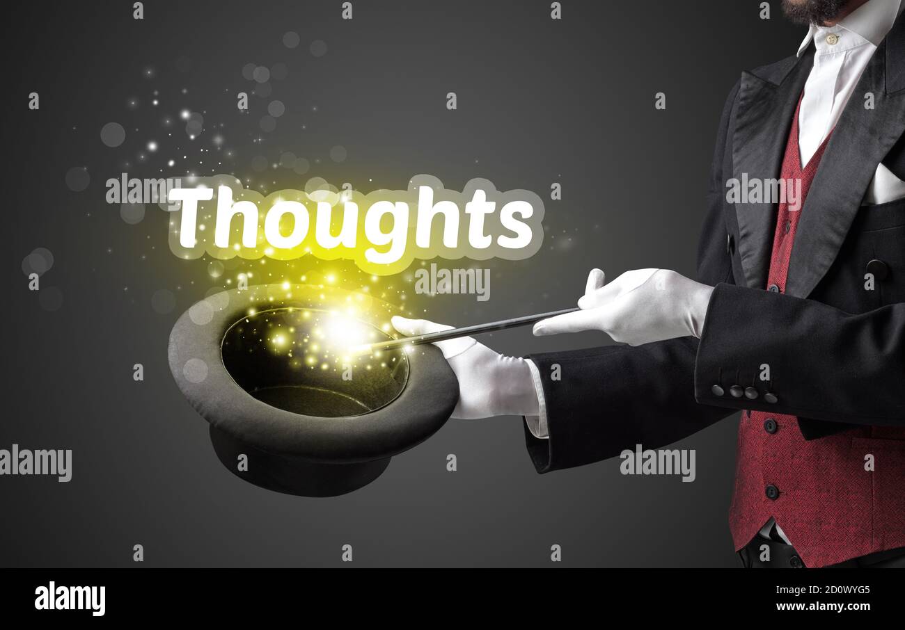 Magician is showing magic trick with Thoughts inscription, educational ...