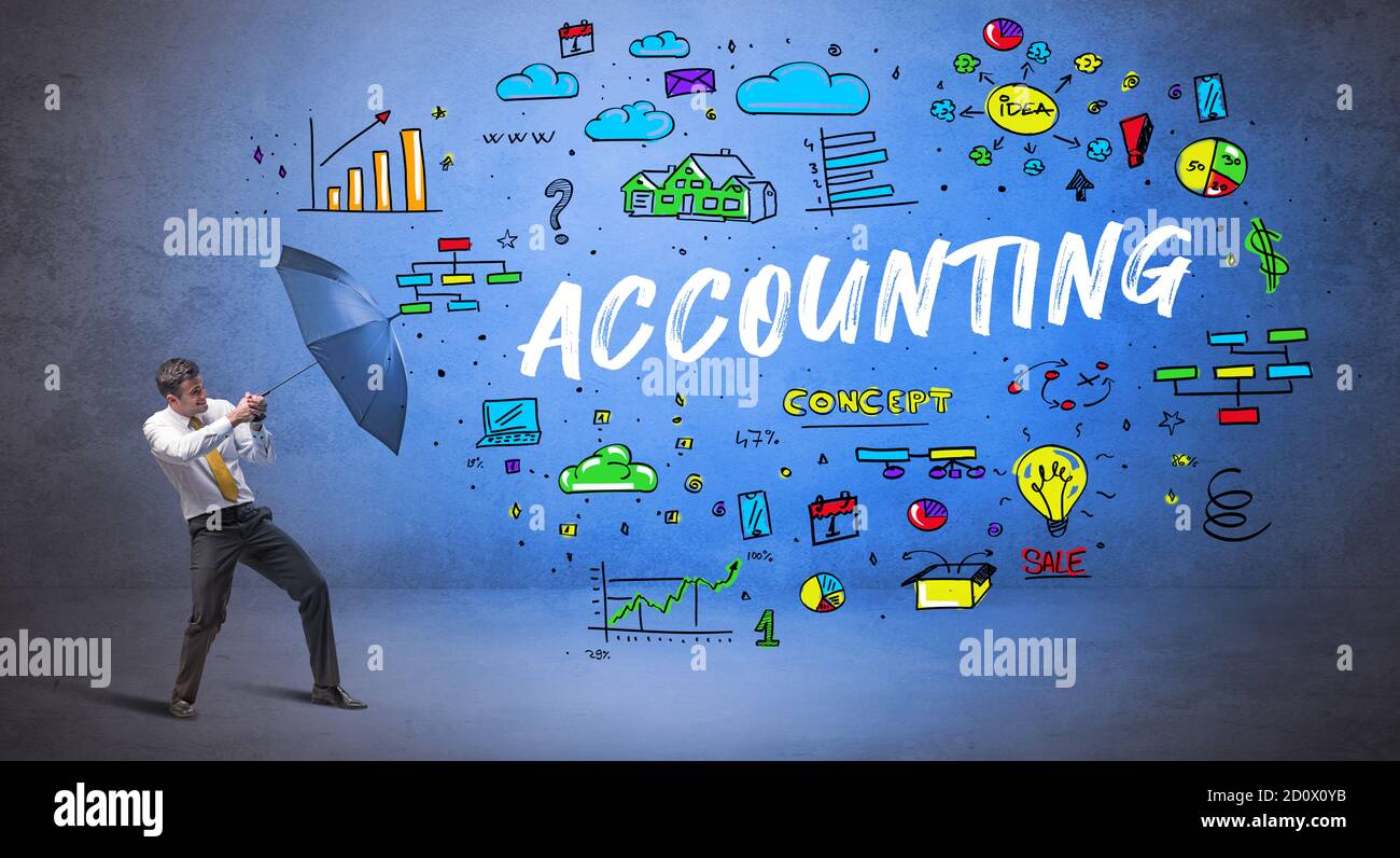 Determined businessman hiding behind umbrella with ACCOUNTING ...