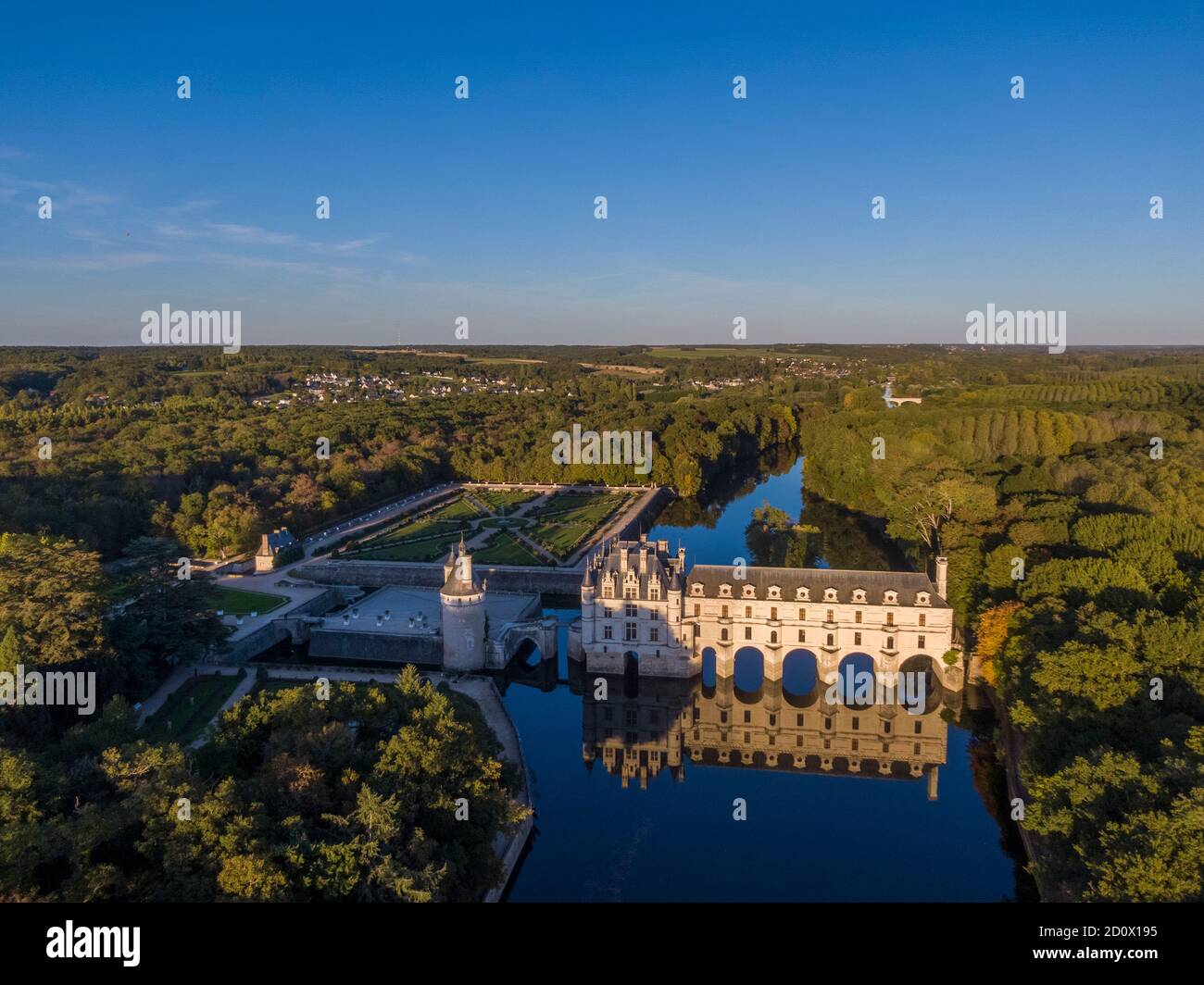 Aerial sunset view of Chenonceaux romantic castle, one of the best ...