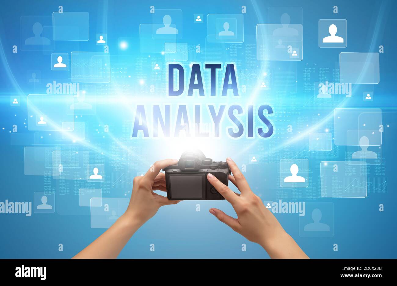 Close-up of hand holding camera with DATA ANALYSIS inscription, video ...