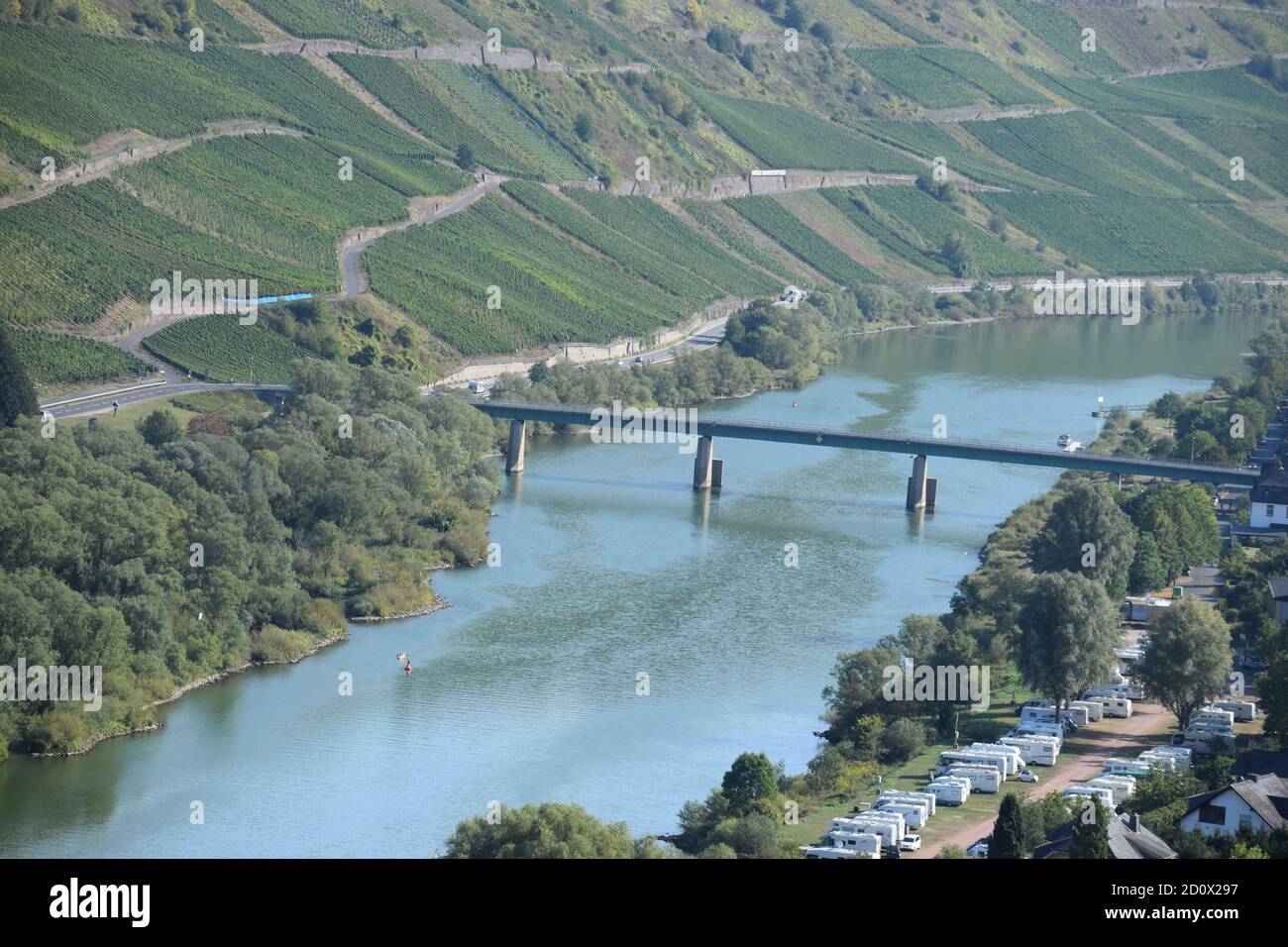 view into Mosel valley with the bridge to Reil Stock Photo - Alamy