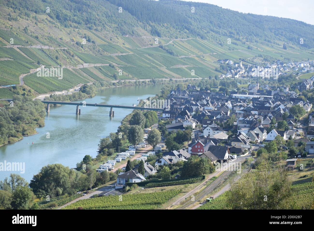 view into Mosel valley with the bridge to Reil Stock Photo - Alamy