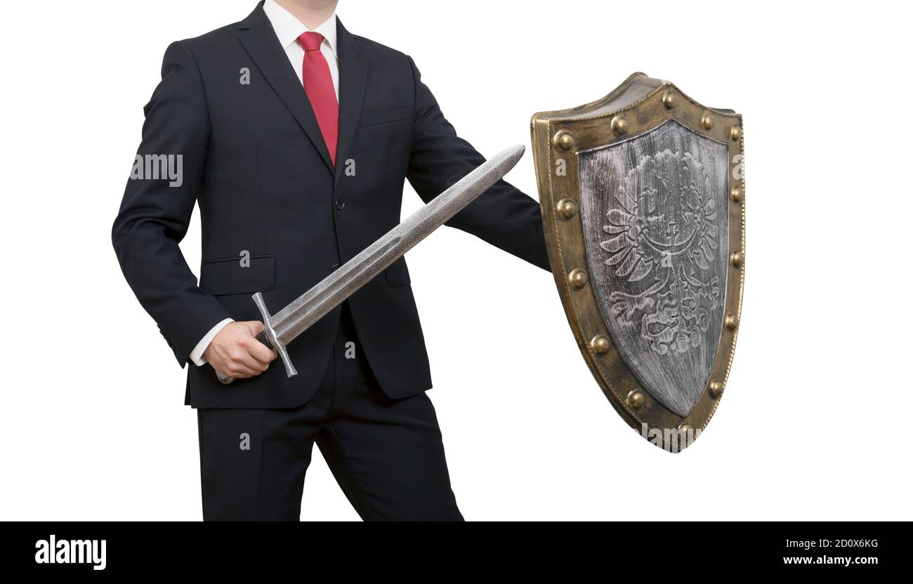 Businessman with sword and shield isolated on white background with ...
