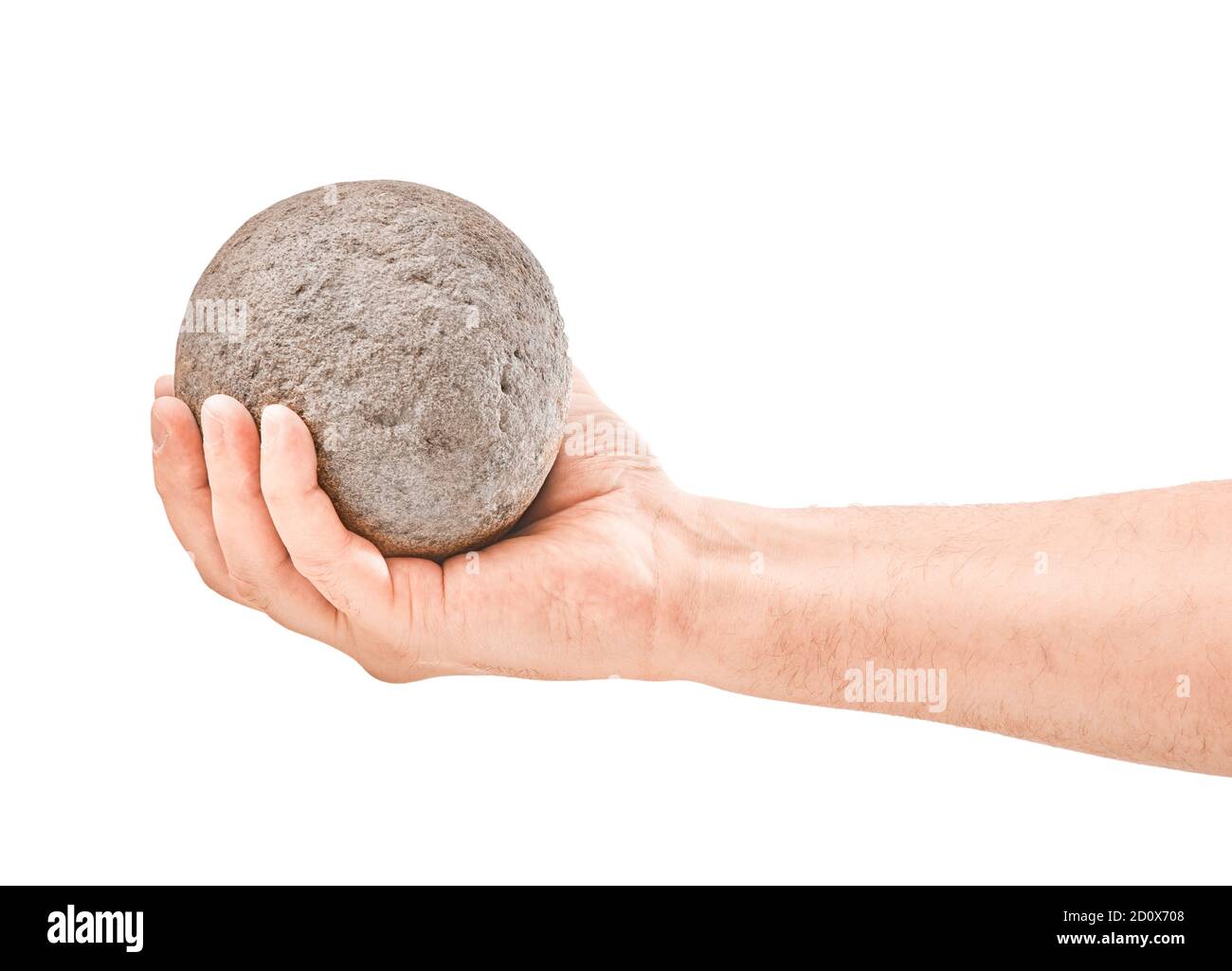 Hand holding stone ball. Piece of stone isolated on white Stock Photo ...