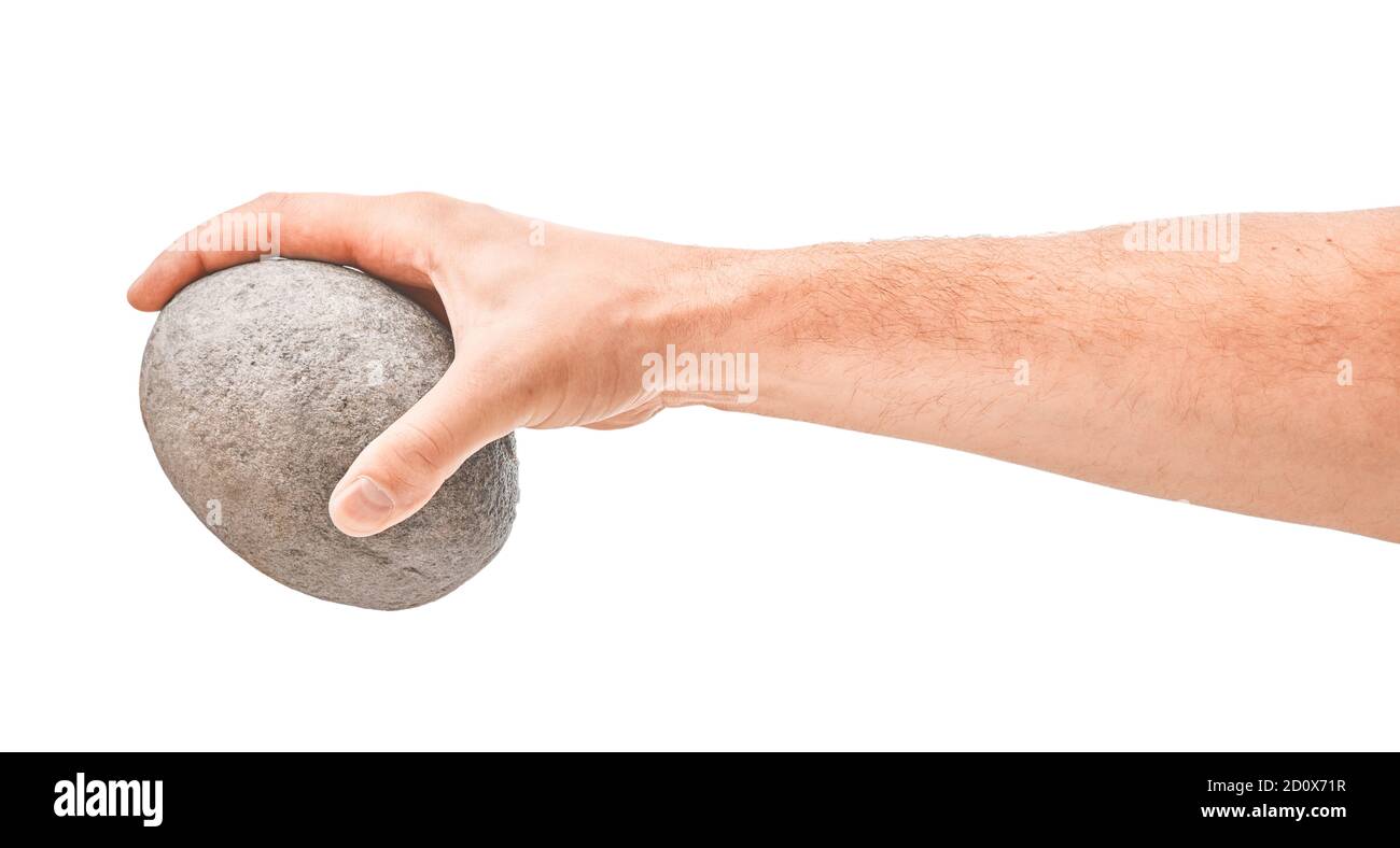 Hand holding stone ball. Piece of stone isolated on white Stock Photo ...