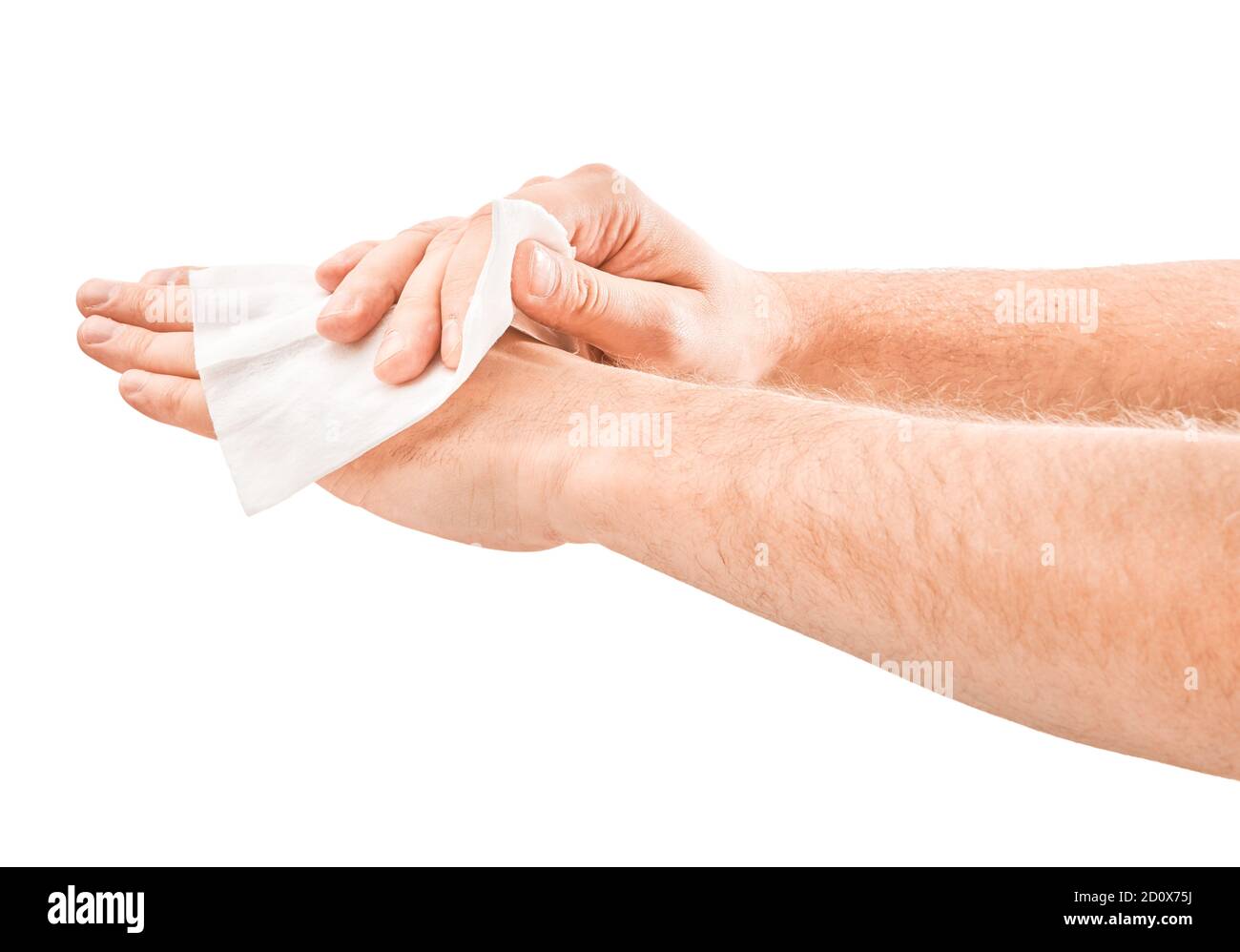 Man cleaning his hand with wet tissue isolated on white background ...