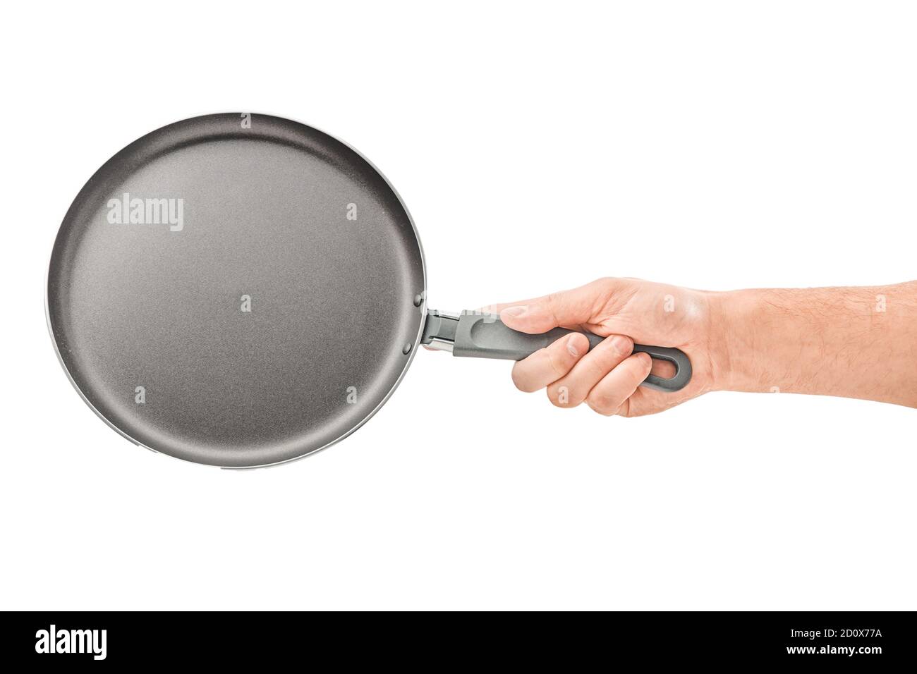 Hand holding a black frying pan isolated on white background Stock ...