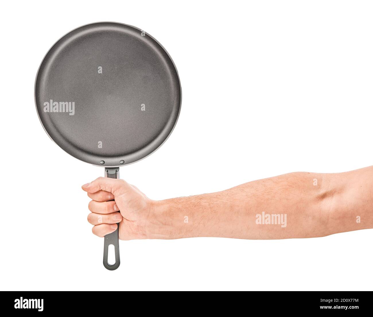 Hand holding a black frying pan isolated on white background Stock ...