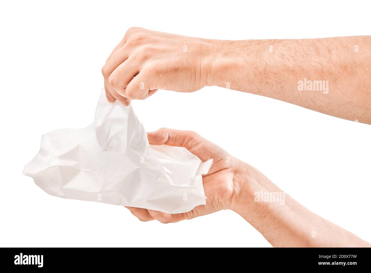 Man cleaning his hand with wet tissue isolated on white background ...