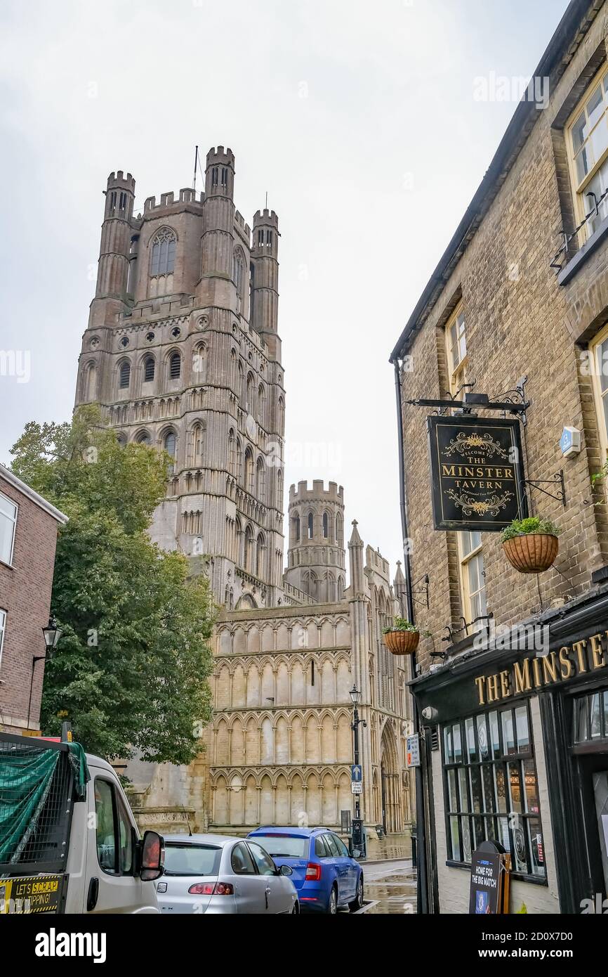 A view towards a tower of Ely Cathedral in the city of Ely ...