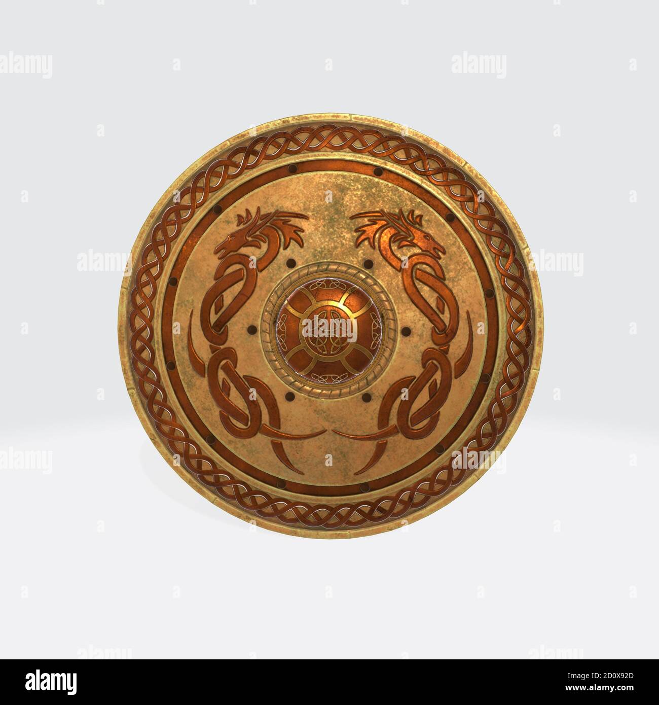 3D rendering of a metal round shield with dragon symbols Stock Photo ...