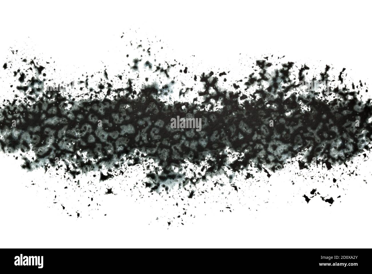 Black expressive stripe with spashes and blots isolated on the white ...